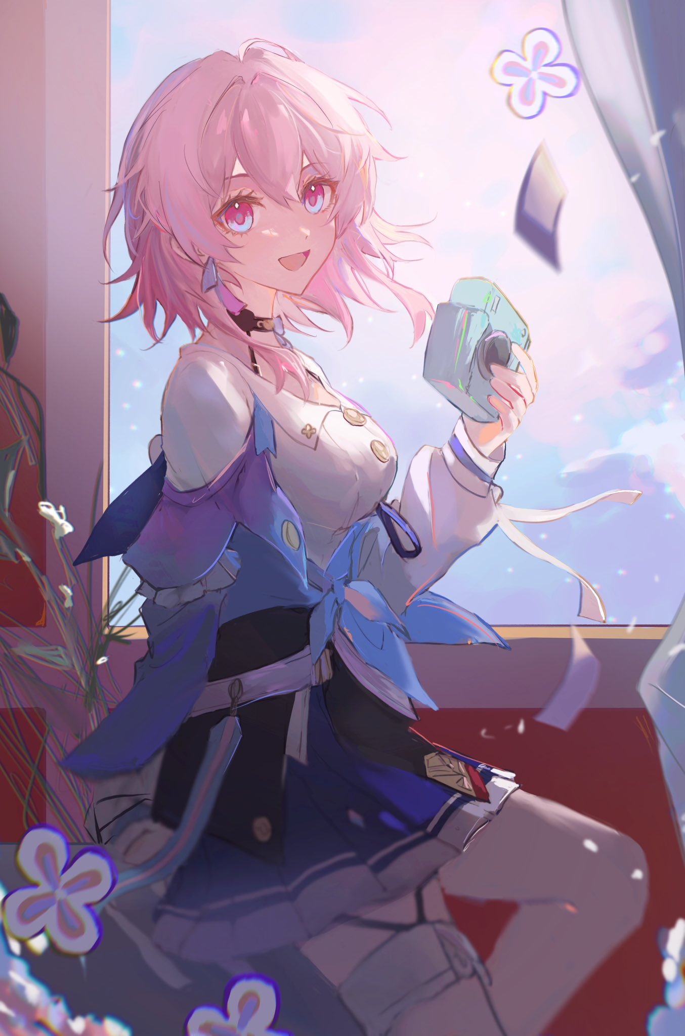 Safebooru - 1girl black choker black corset blue eyes blue jacket blue skirt bra strap breasts ...