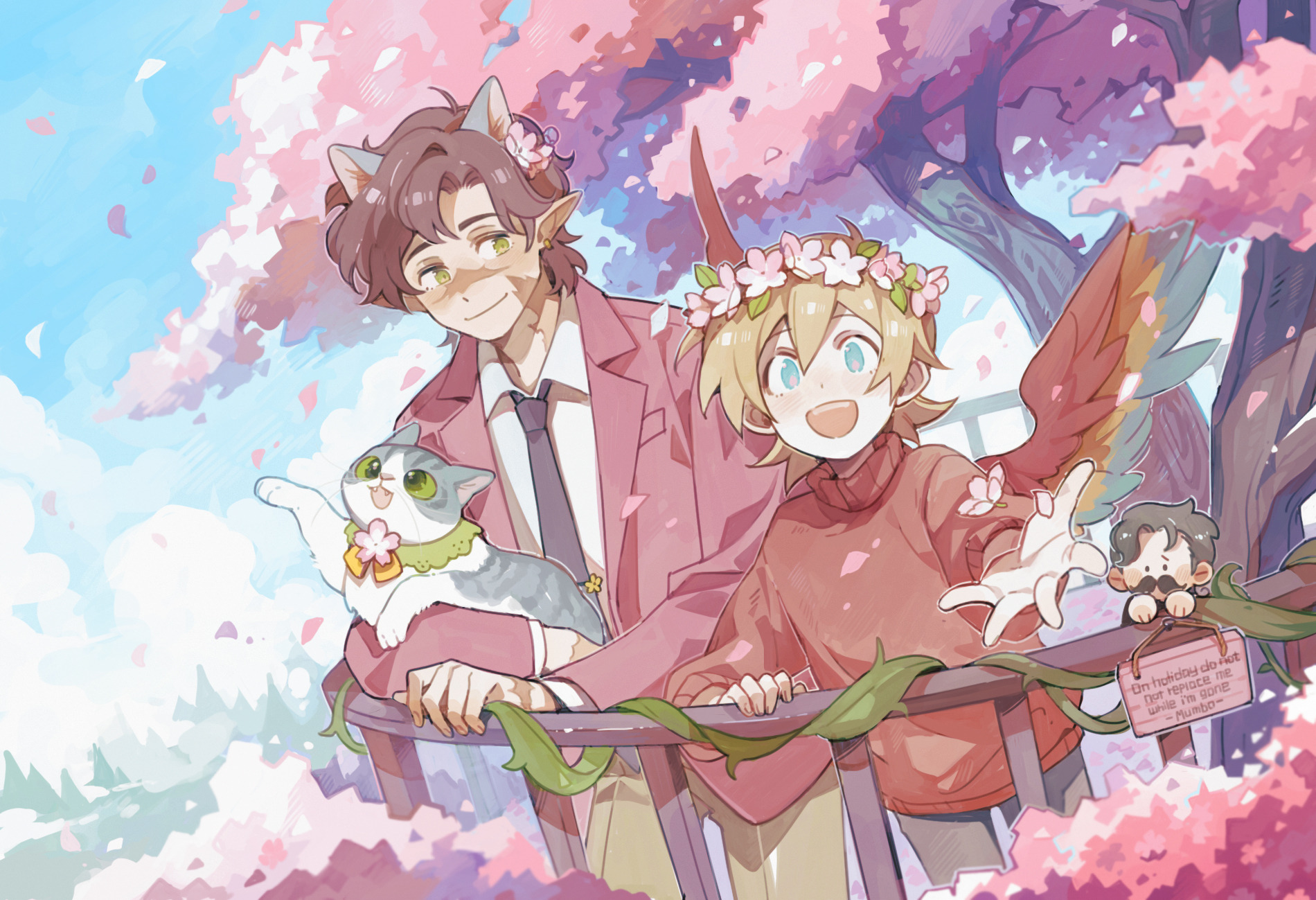 Safebooru - 3boys animal ears bird boy bird wings cat cat boy cat ears ...