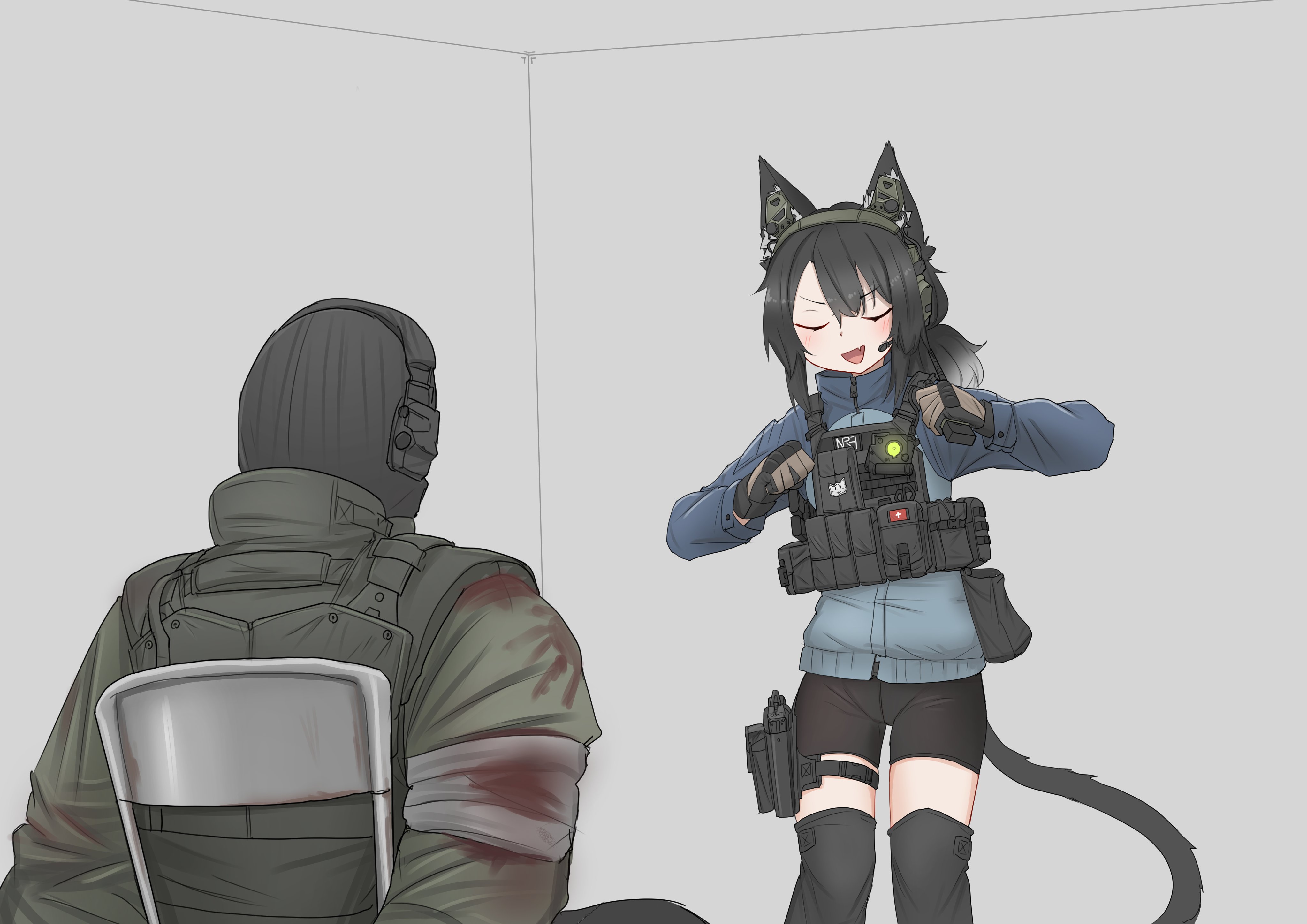 Safebooru - 1boy 1girl absurdres balaclava bandaged arm bandages bike shorts black hair blood ...