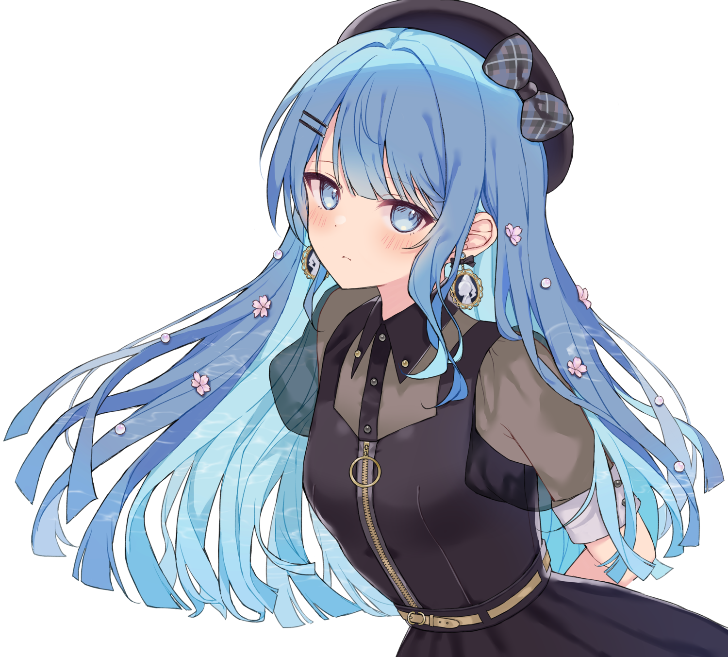 Safebooru - 1girl beret black hat blue eyes blue hair bow breasts choker closed mouth earrings ...