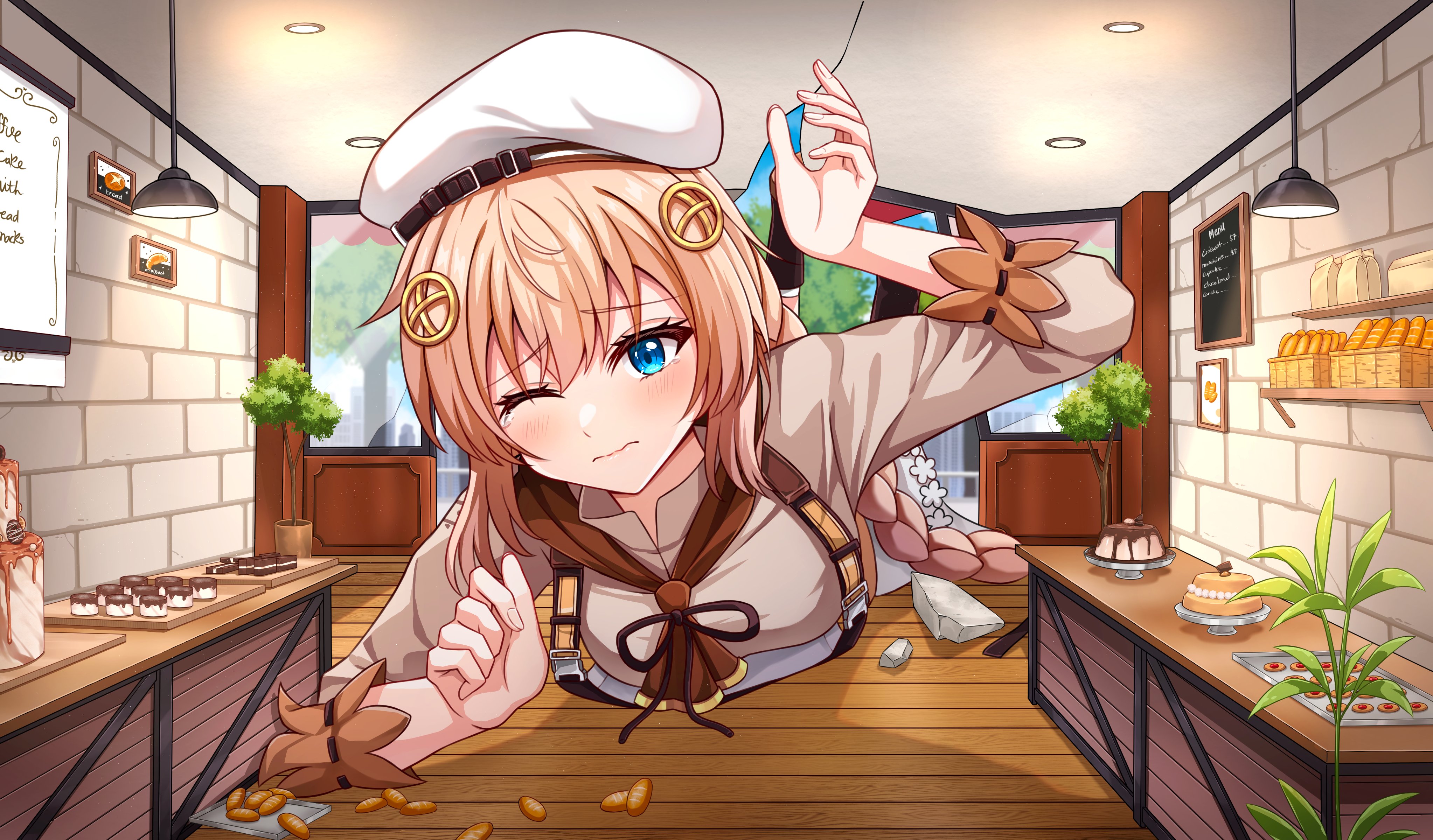 Safebooru - 1girl absurdres ascot blue eyes braid bread brown ascot brown hair choco (neural ...