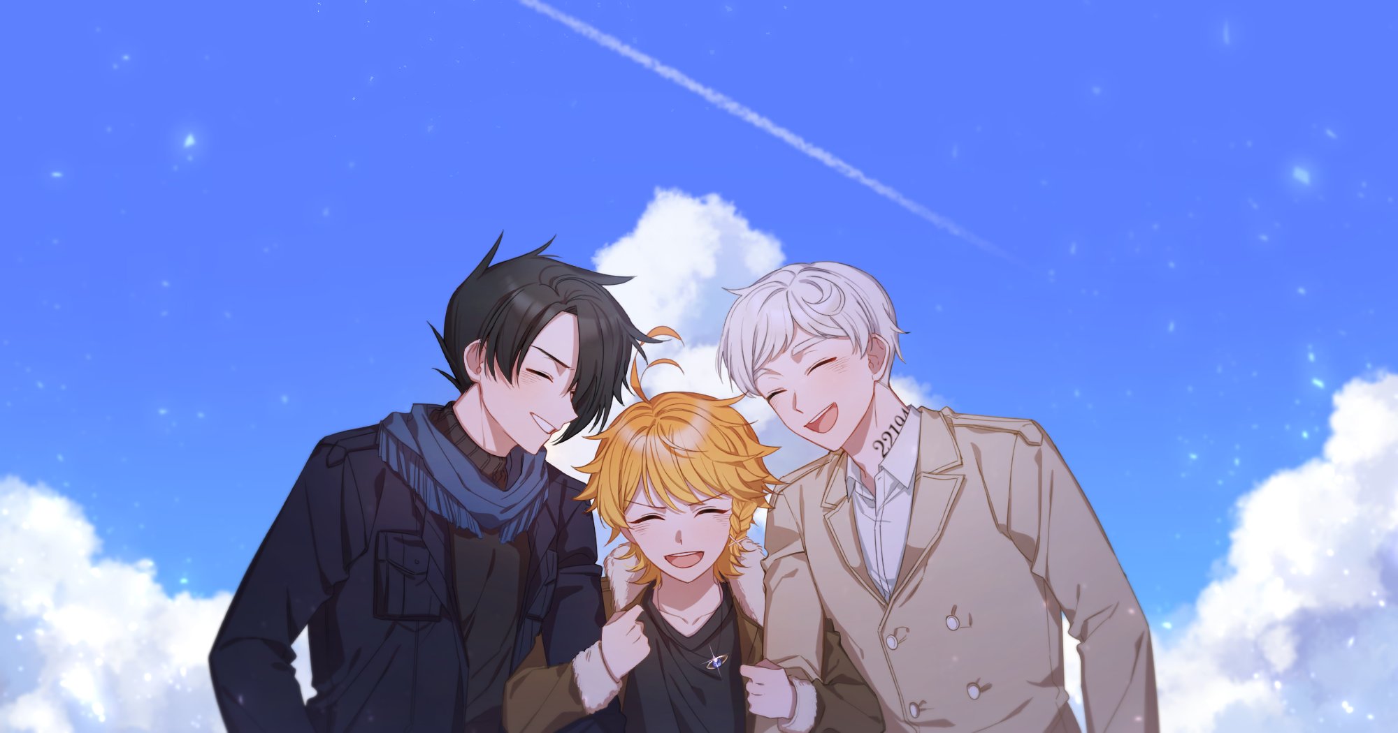 Safebooru - 1girl 2boys black hair black sweater blonde hair blue jacket blue scarf blue sky ...