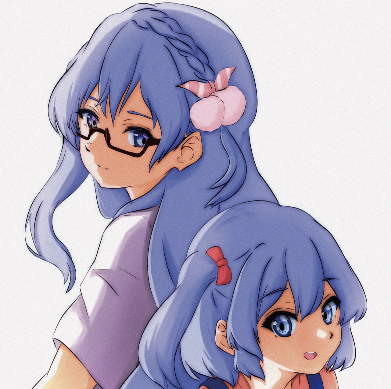 Safebooru - 1girl 22/7 age comparison black-framed eyewear blue eyes blue hair bow braid closed ...