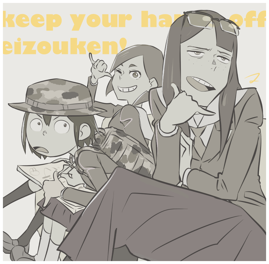 Safebooru - 3girls asakusa midori asymmetrical bangs bob cut border camouflage camouflage bag ...