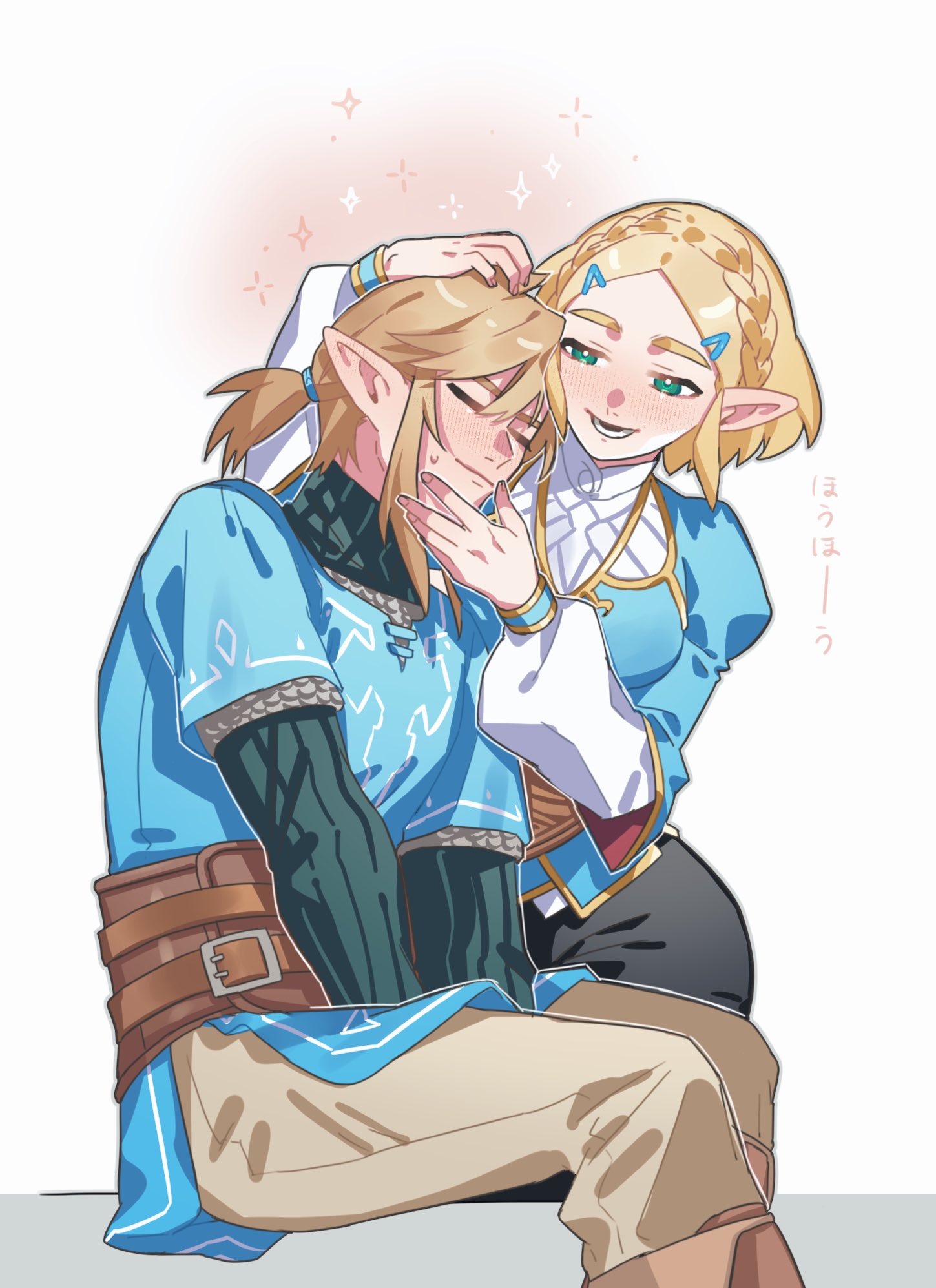 Safebooru - 1boy 1girl armor belt black pants blonde hair blue tunic blush bob cut boots braid ...