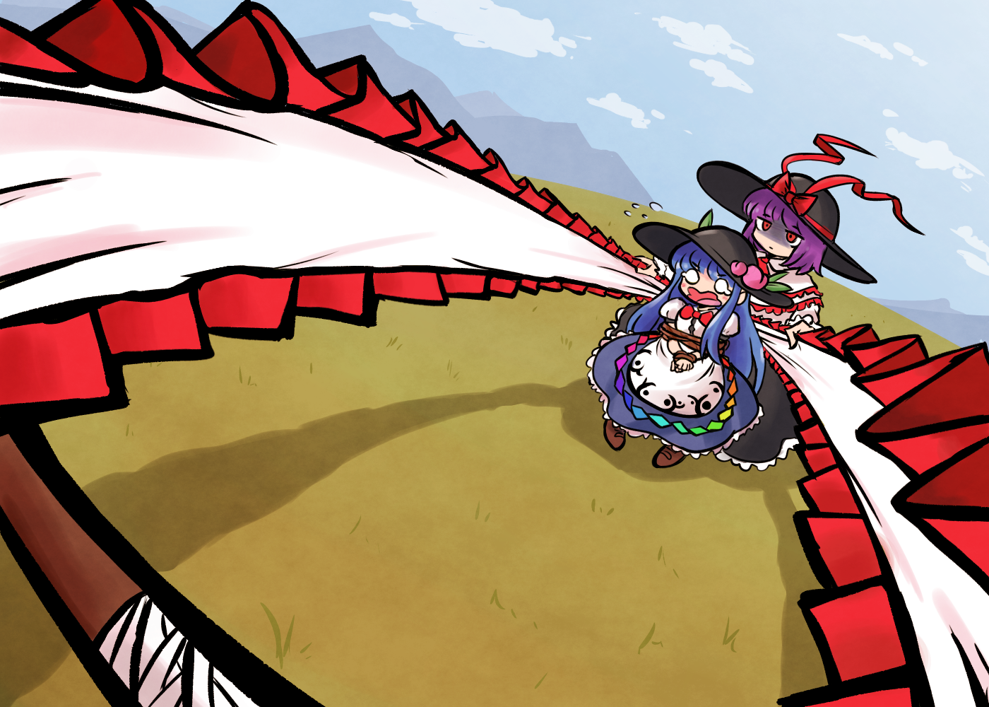 Safebooru - 2girls black hat blue hair blue skirt blue sky bound bow capelet clouds commentary ...