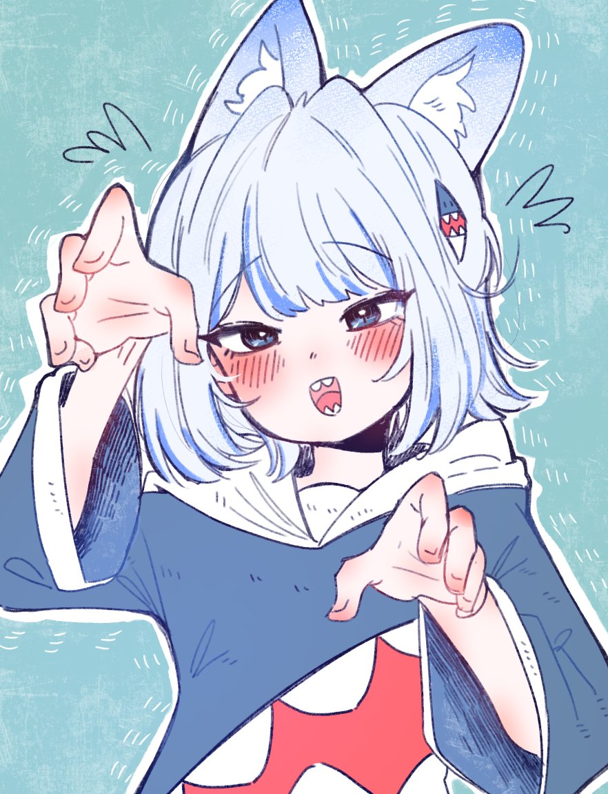 Safebooru - 04minn 1girl animal ears blue background blue eyes blue hair blush stickers claw ...