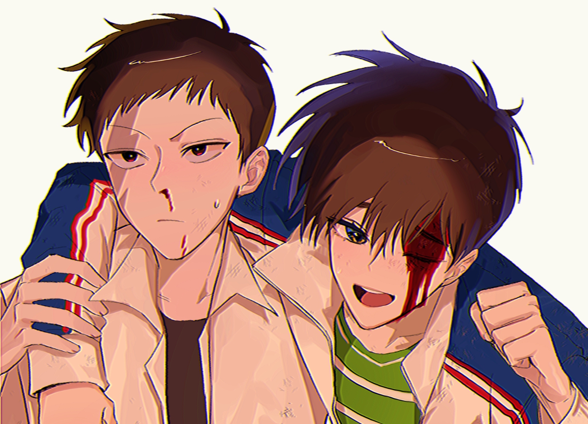 Safebooru - 2boys arm around shoulder black shirt blood blood on face blue jacket brown eyes ...