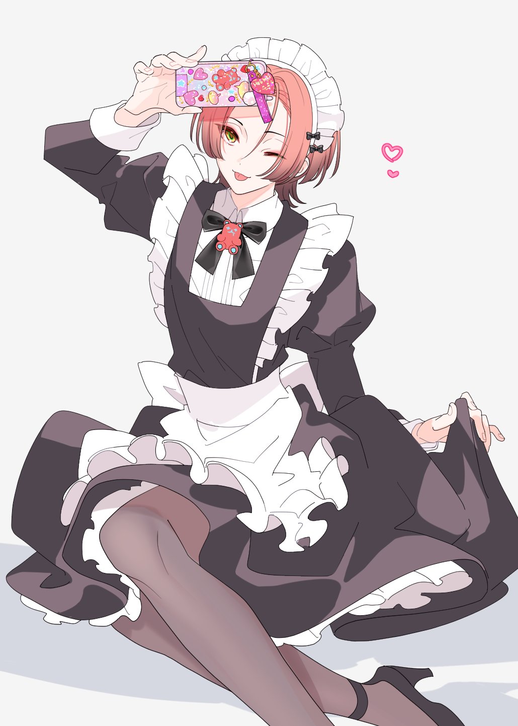 Safebooru - 18trip 1boy apron arm above head back bow black dress black ...