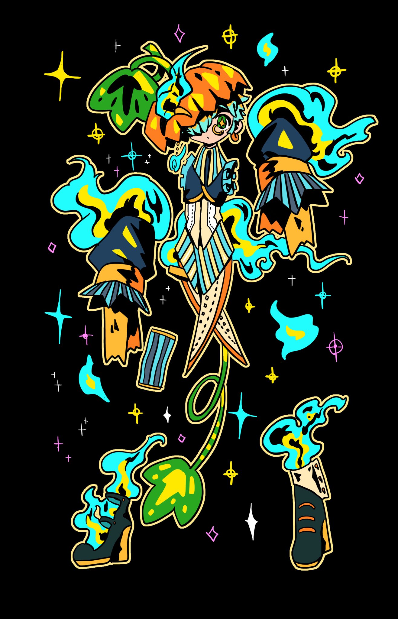 Safebooru - 1boy black background blue fire blue hair commentary request detached sleeves ...