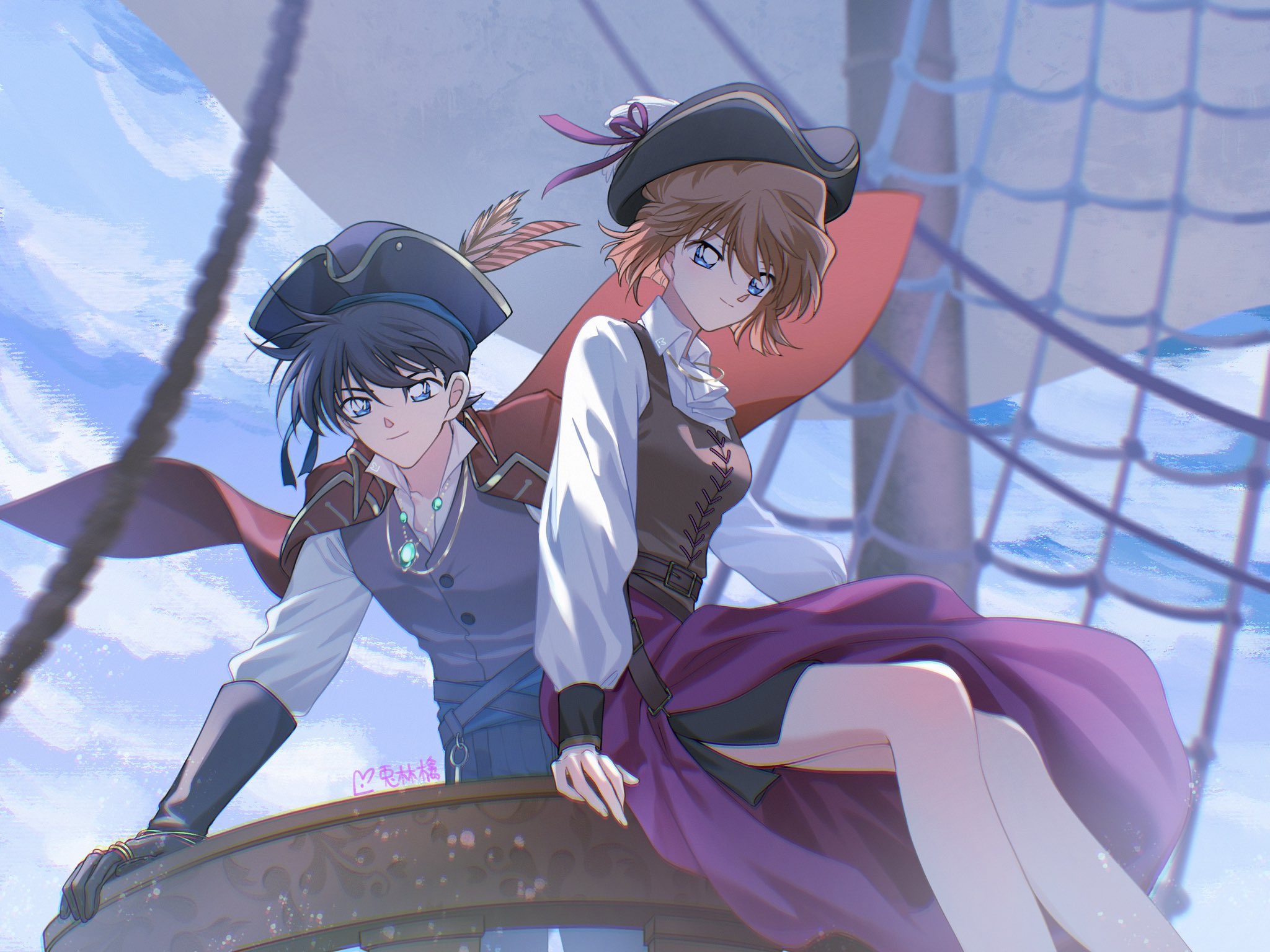 Safebooru - 1boy 1girl ascot belt black gloves black hair black hat blue eyes boat bob cut brown ...
