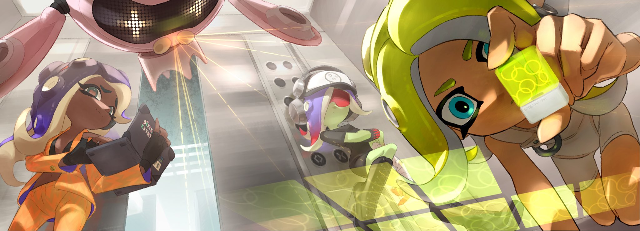 Safebooru - 3girls aqua eyes color chip (splatoon) dedf1sh elevator ...