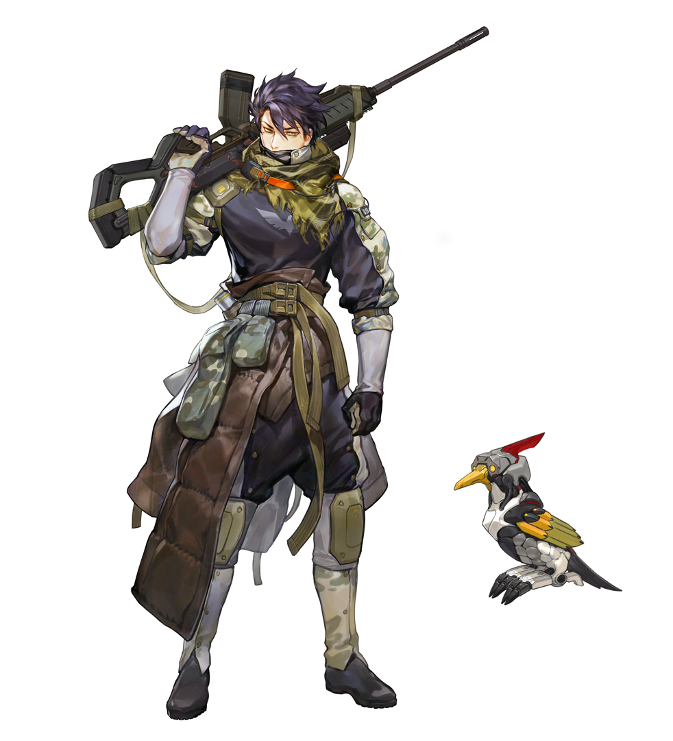 Safebooru - 1boy bandana belt belt pouch bird black footwear blue gloves boots brown coat ...