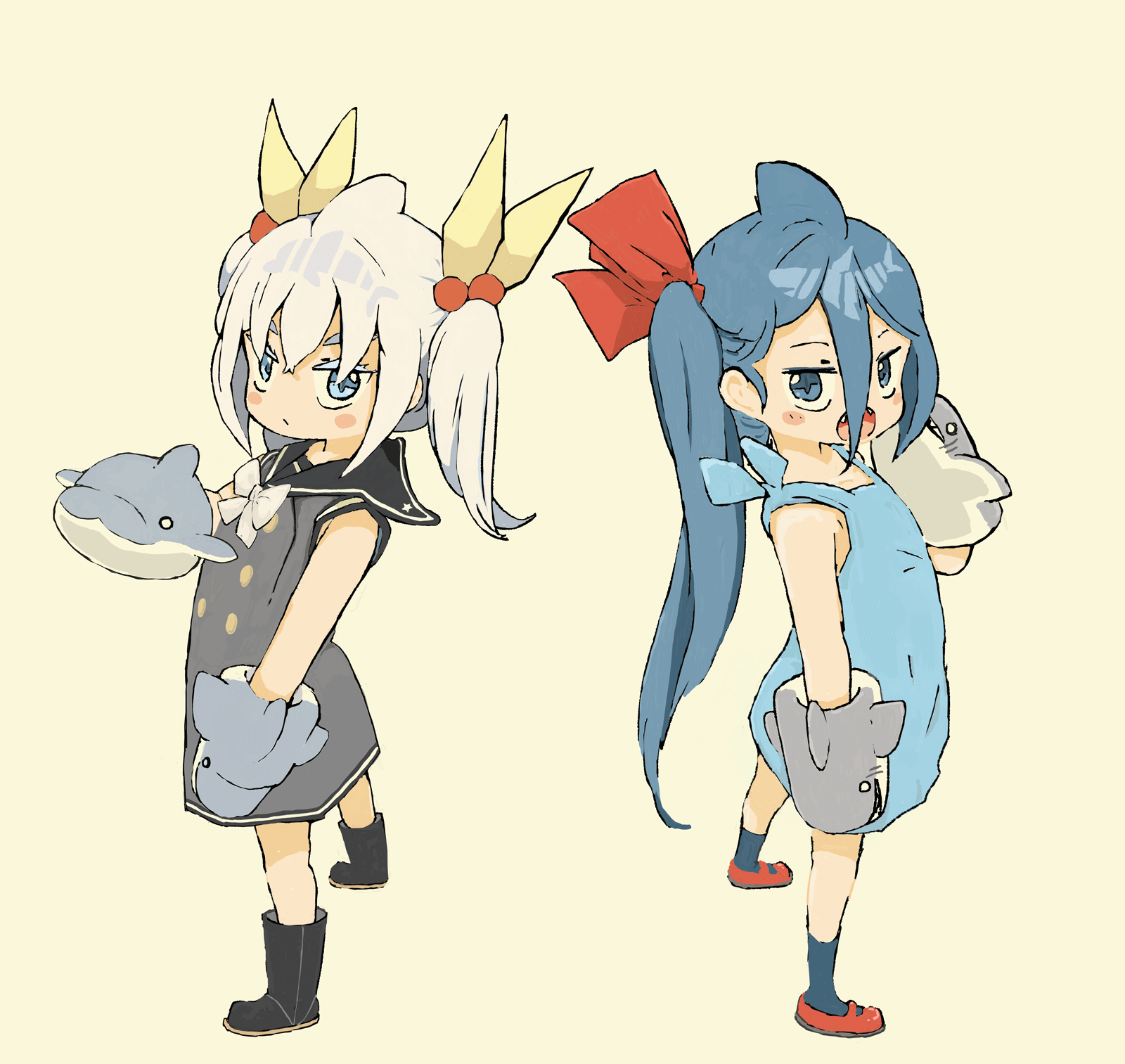 Safebooru - 2girls bare shoulders black footwear black sailor collar blue eyes blue hair blue ...