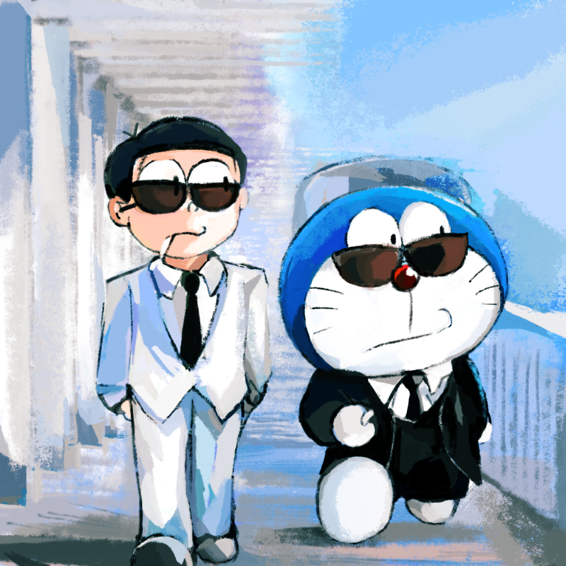 Safebooru - 2boys alternate costume black suit cigarette doraemon ...