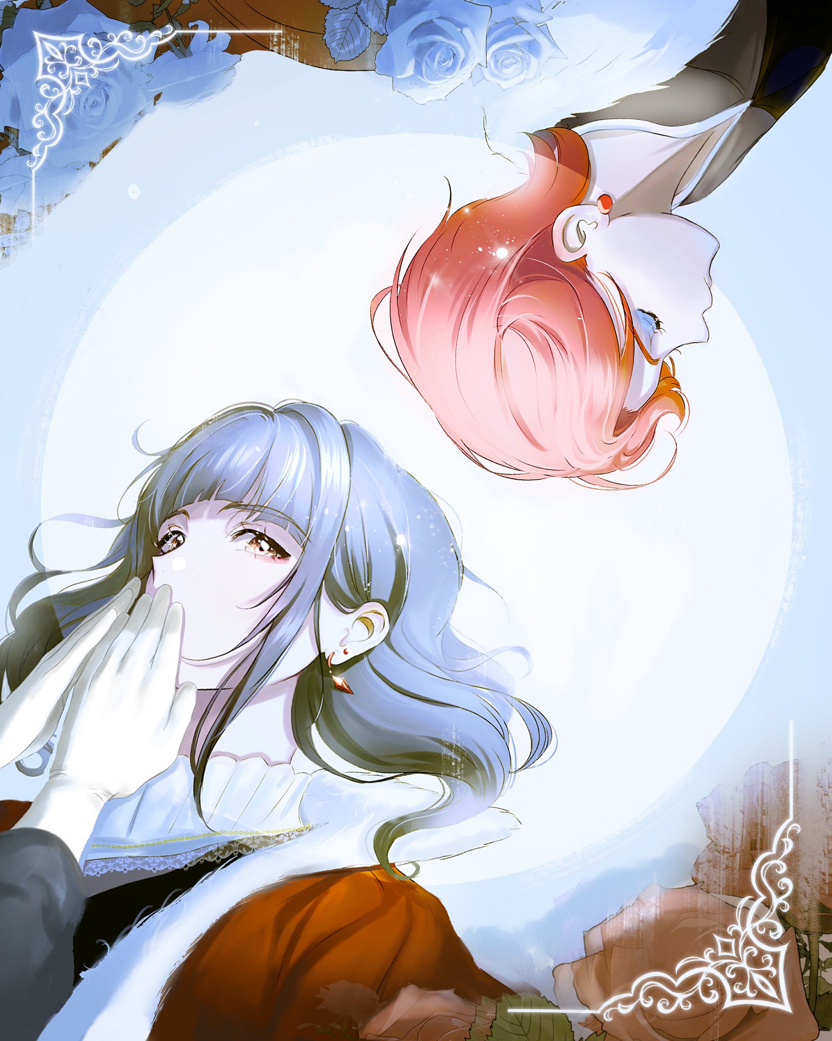 Safebooru - 2girls black shirt blue background blue eyeshadow blue flower blue hair blue rose ...