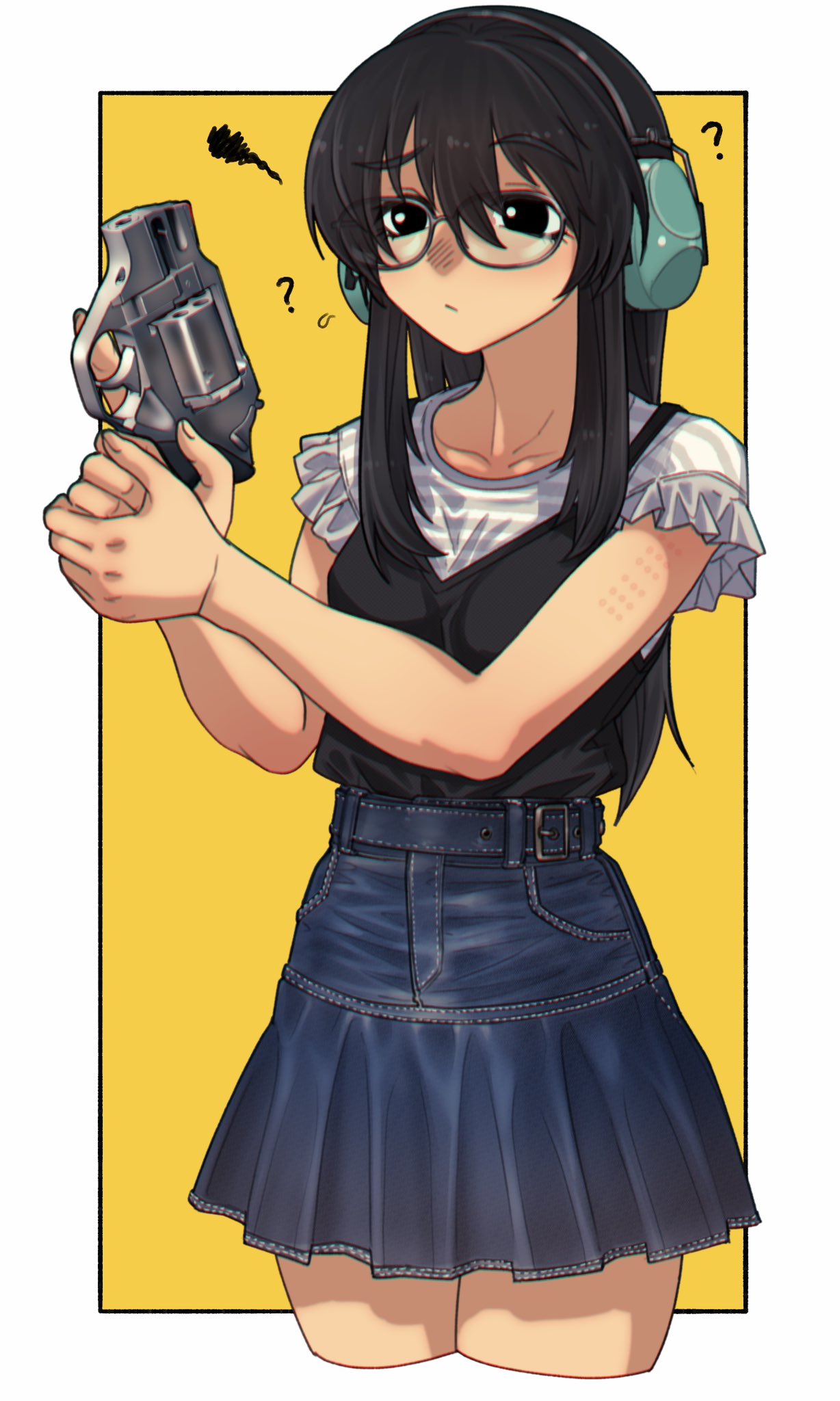 Safebooru - 1girl ? black camisole black eyes black hair blue skirt border camisole cb (c-board ...