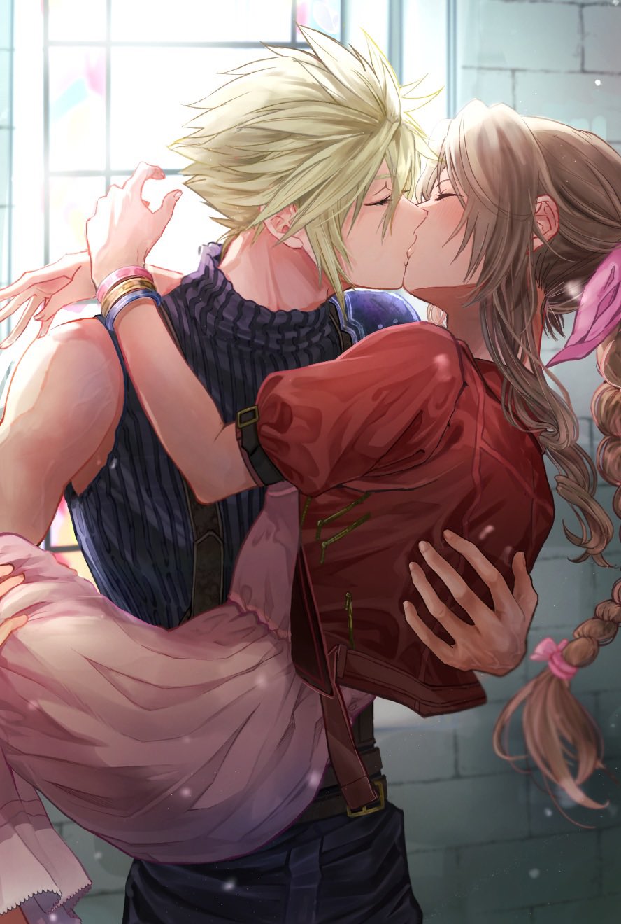 Safebooru - 1boy 1girl 26caaan aerith gainsborough armor arms around neck bangle belt blonde ...