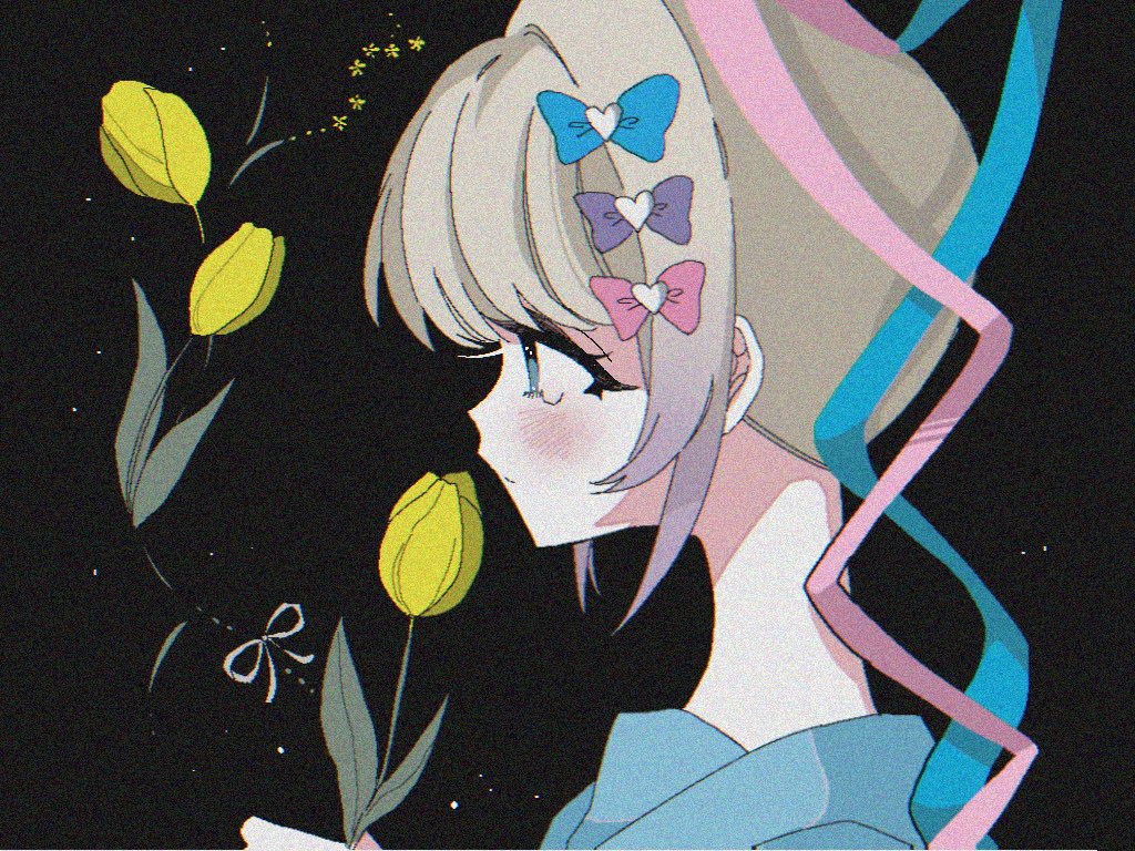 Safebooru - 1girl black background blonde hair blue bow blue eyes blue hair blush bow ...