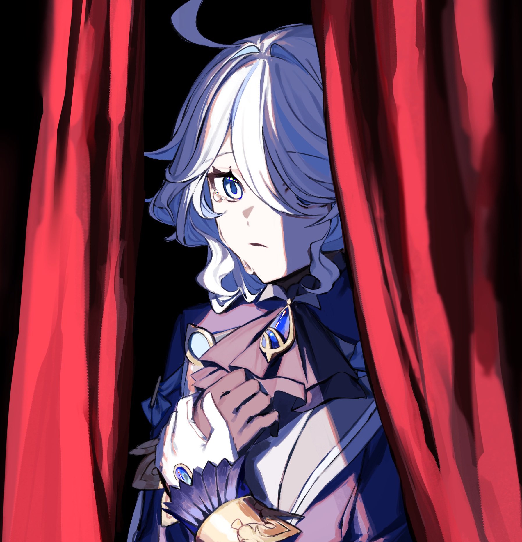 Safebooru - 1girl ahoge ascot asymmetrical gloves black ascot black gloves blue brooch blue eyes ...