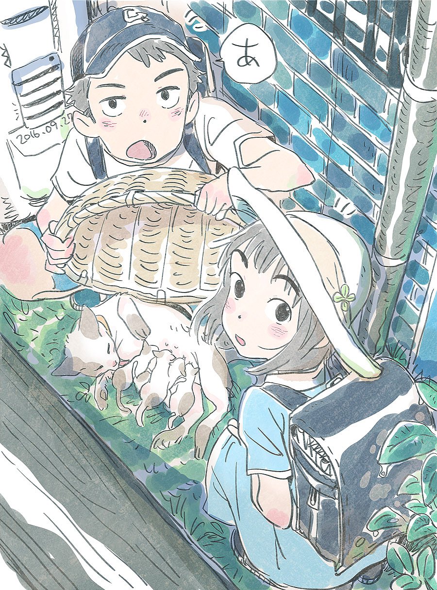 Safebooru - 1boy 1girl arai youjirou backpack bag black eyes black hair blush cat child hat ...