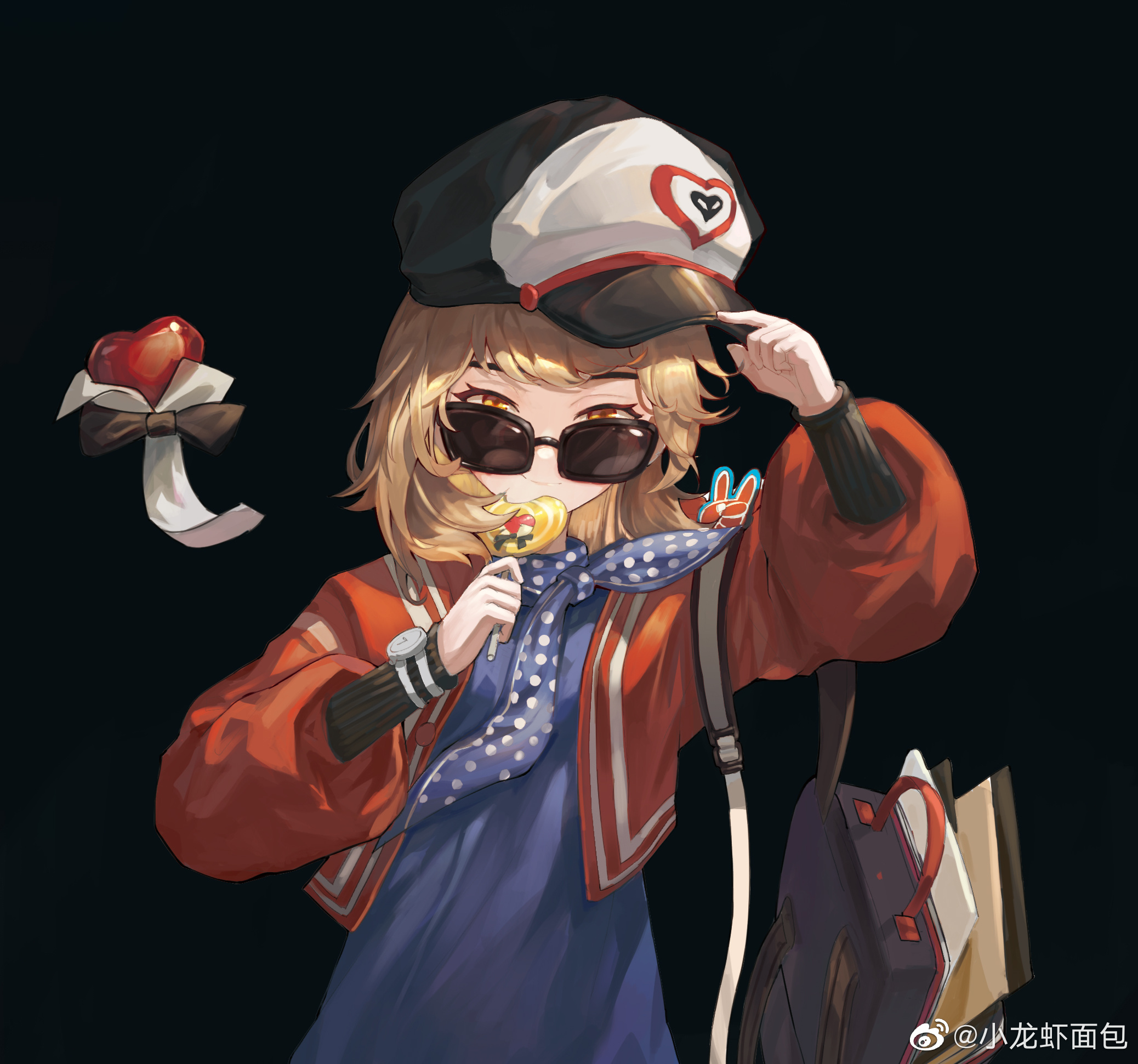 Safebooru - 1girl adjusting clothes adjusting headwear apple apple (reverse:1999) backpack bag ...