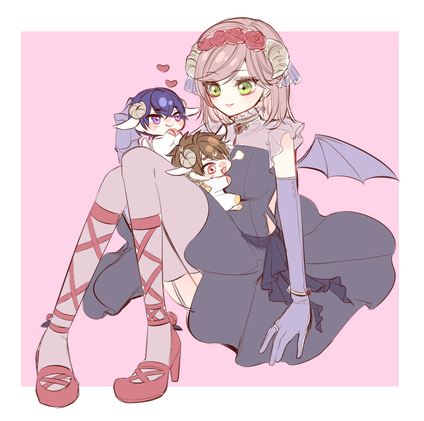 Safebooru - 1girl 2boys black dress border bracelet brown eyes brown hair brown thighhighs ...