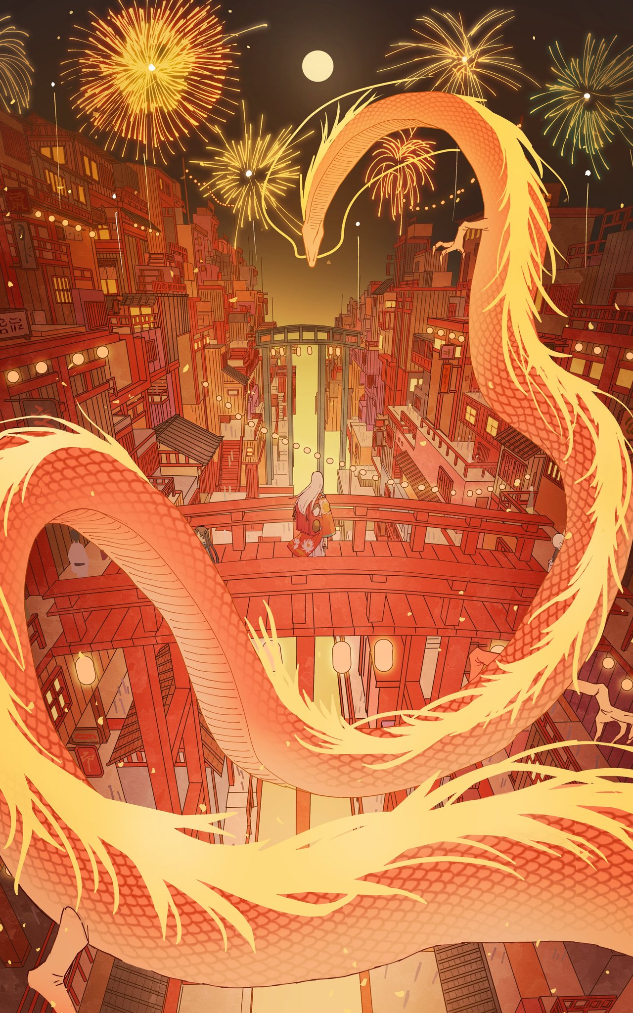 Safebooru - aerial fireworks architecture cityscape creature focus ...