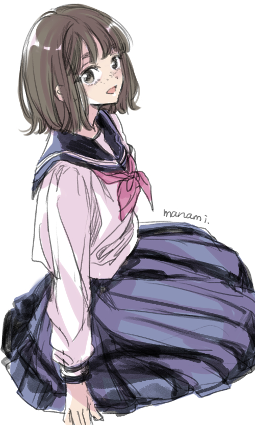 Safebooru - 1girl :d artist name blue sailor collar blue skirt brown eyes brown hair commentary ...