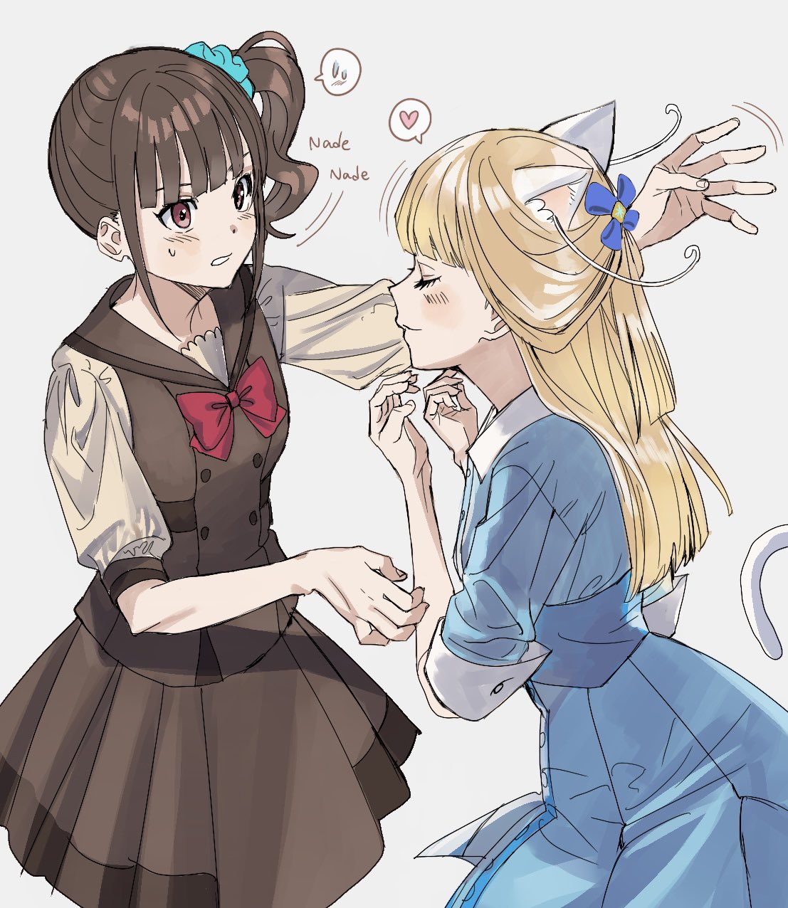 Safebooru - 2girls animal ears blue dress blush brown hair brown shirt brown skirt brown vest ...