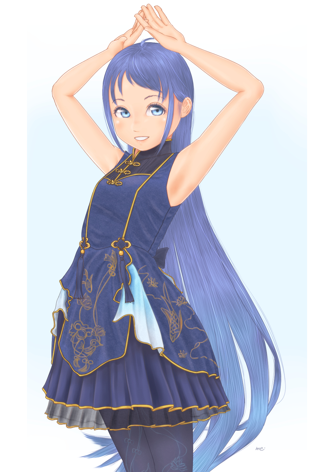 Safebooru - 1girl ahoge armpits arms up bare shoulders blue dress blue eyes blue hair commentary ...