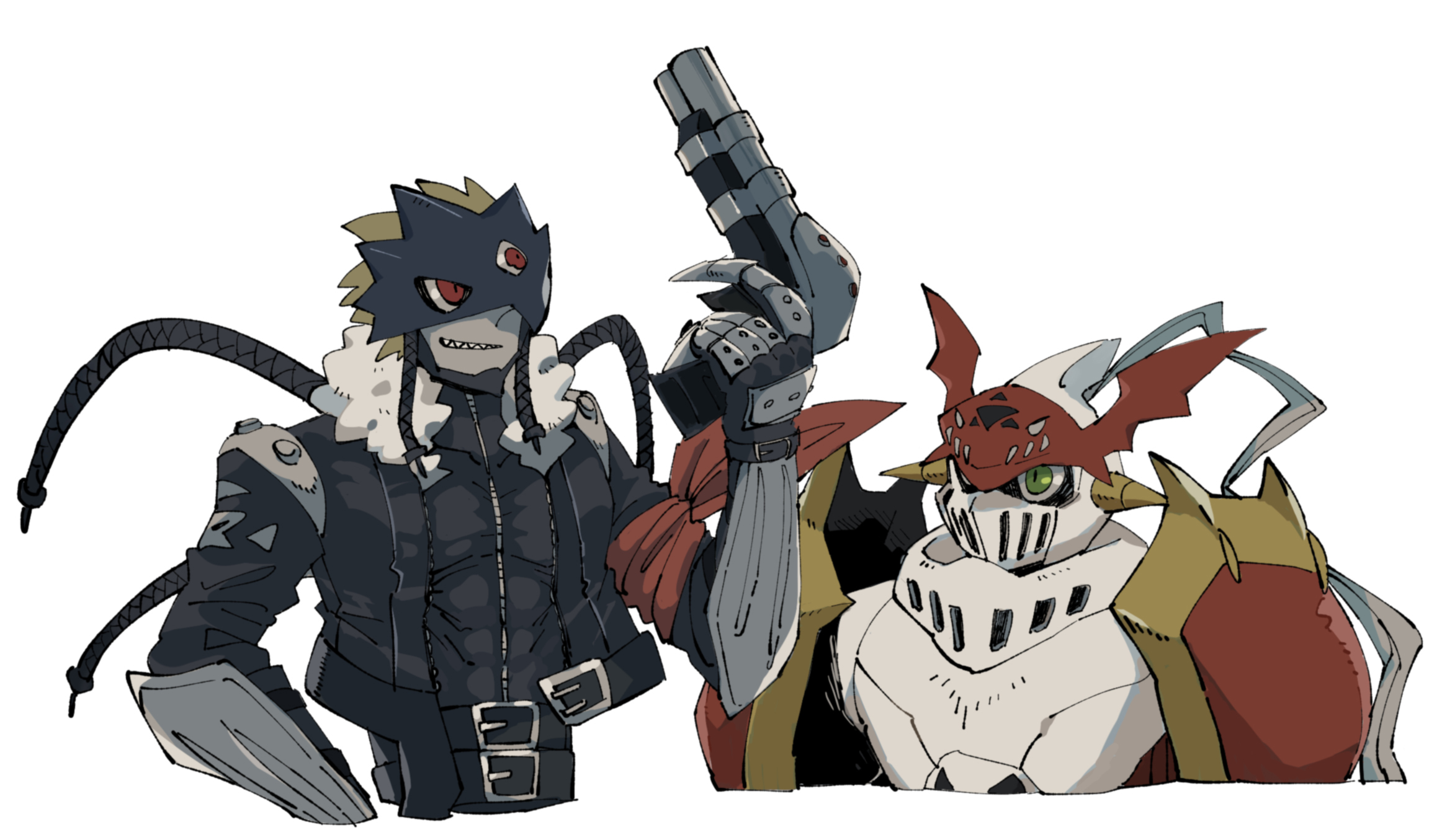 Safebooru - 2boys armor bandana around arm beelzebumon black jacket ...