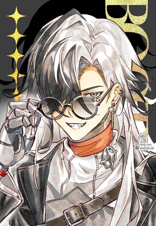 Safebooru - 1boy adjusting eyewear artist name belt black belt black eyes black hair black ...