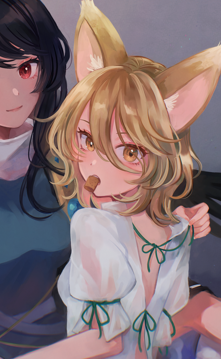 Safebooru - 2girls animal ear fluff animal ears black hair breasts cropped fox ears fox girl ...