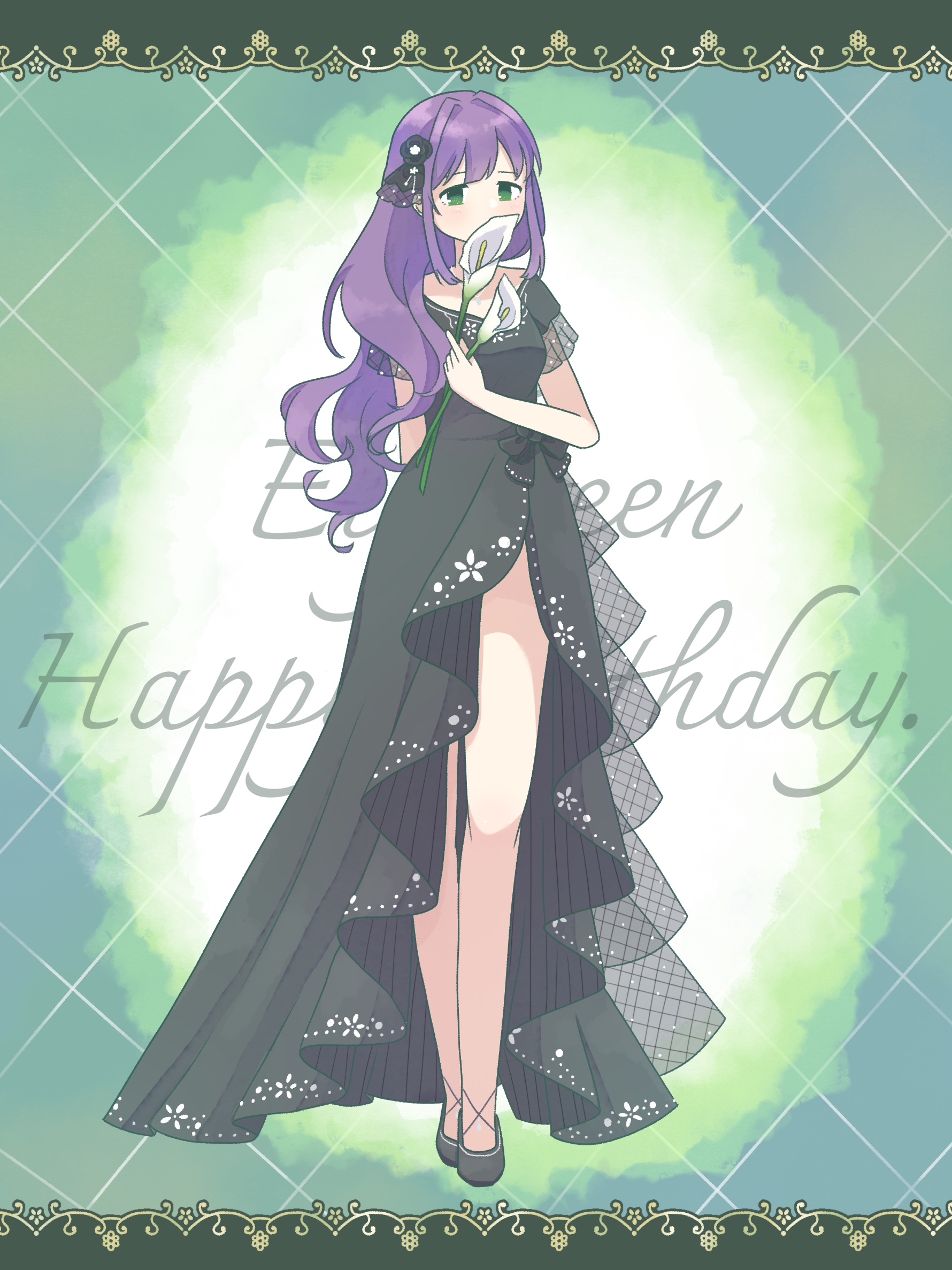 Safebooru - 1girl black dress black flower black footwear breasts commentary request dress flats ...