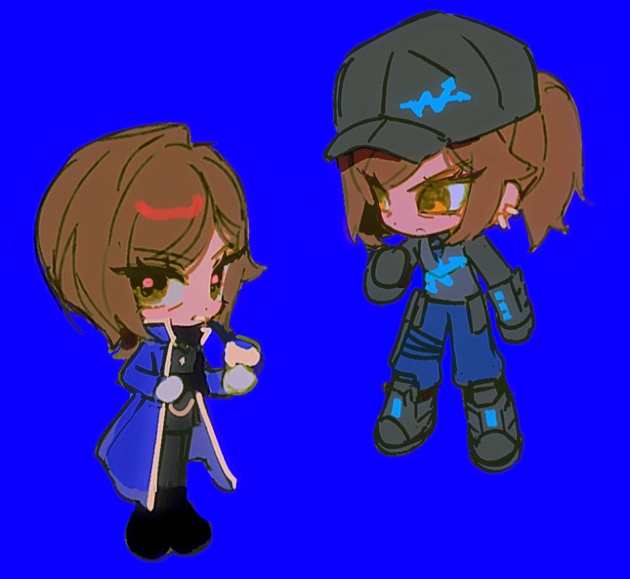 Safebooru - 2girls baseball cap black hat black pants blue background ...