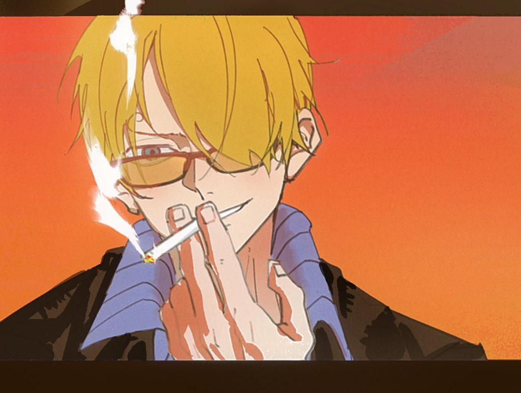 Safebooru - 1boy black jacket blonde hair blue shirt cigarette close-up ...