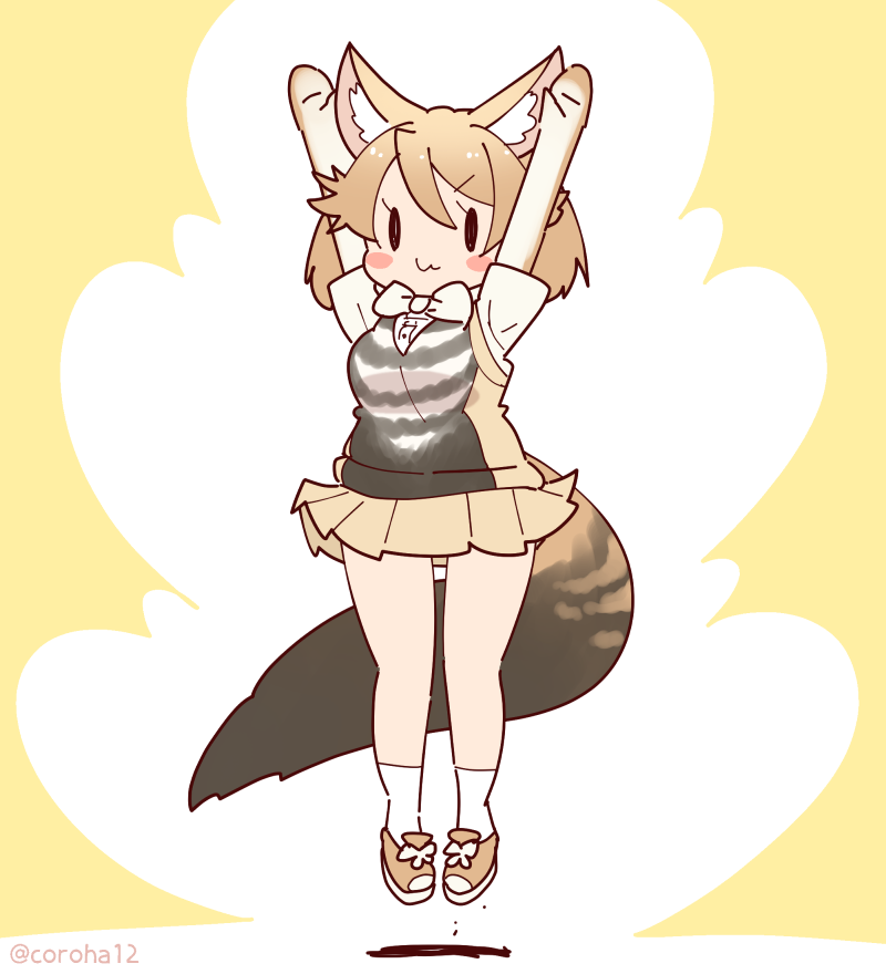 Safebooru - 1girl animal ears arms up black-backed jackal (kemono friends) bow bowtie brown hair ...
