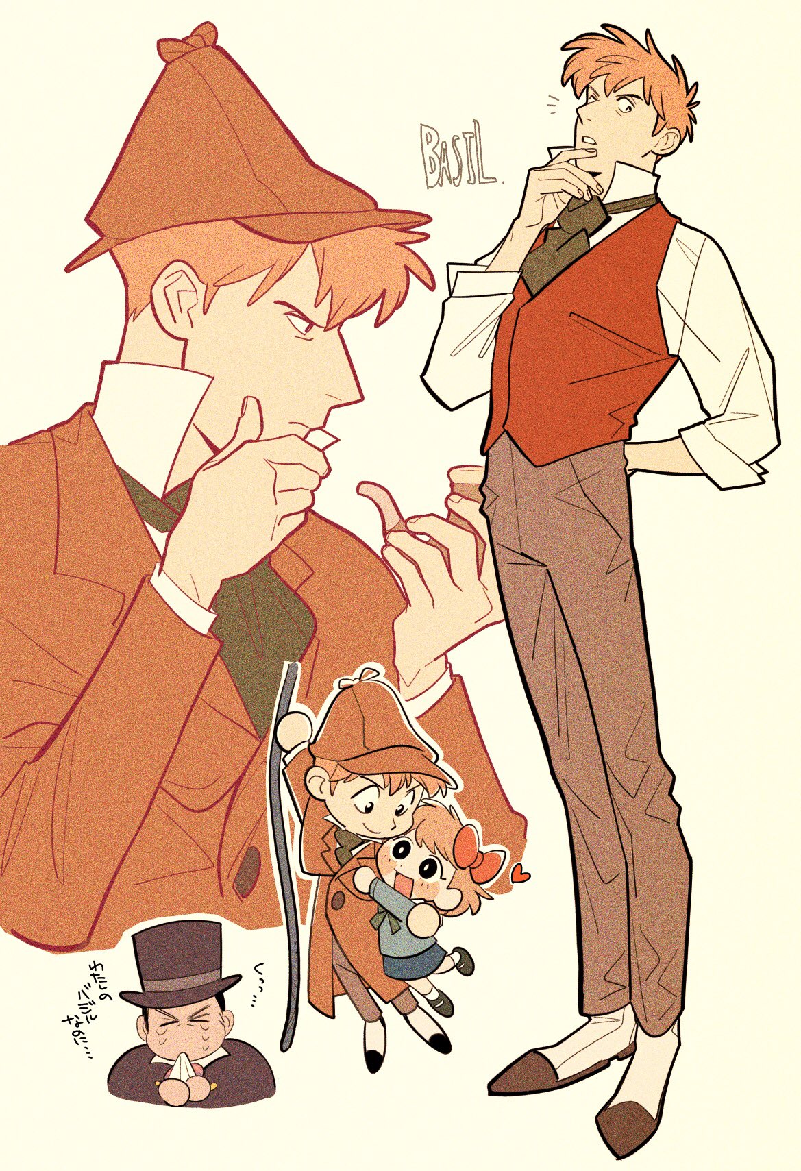 Safebooru - 1girl 2boys basil (mouse) black hat black necktie bow brown ...