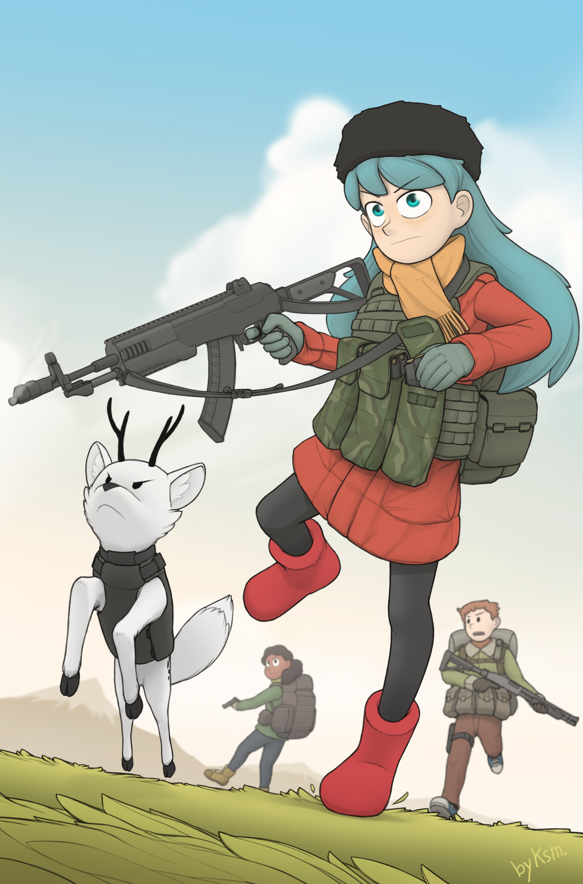 Safebooru - 1boy 2girls animal antlers arctic fox black pantyhose blue ...