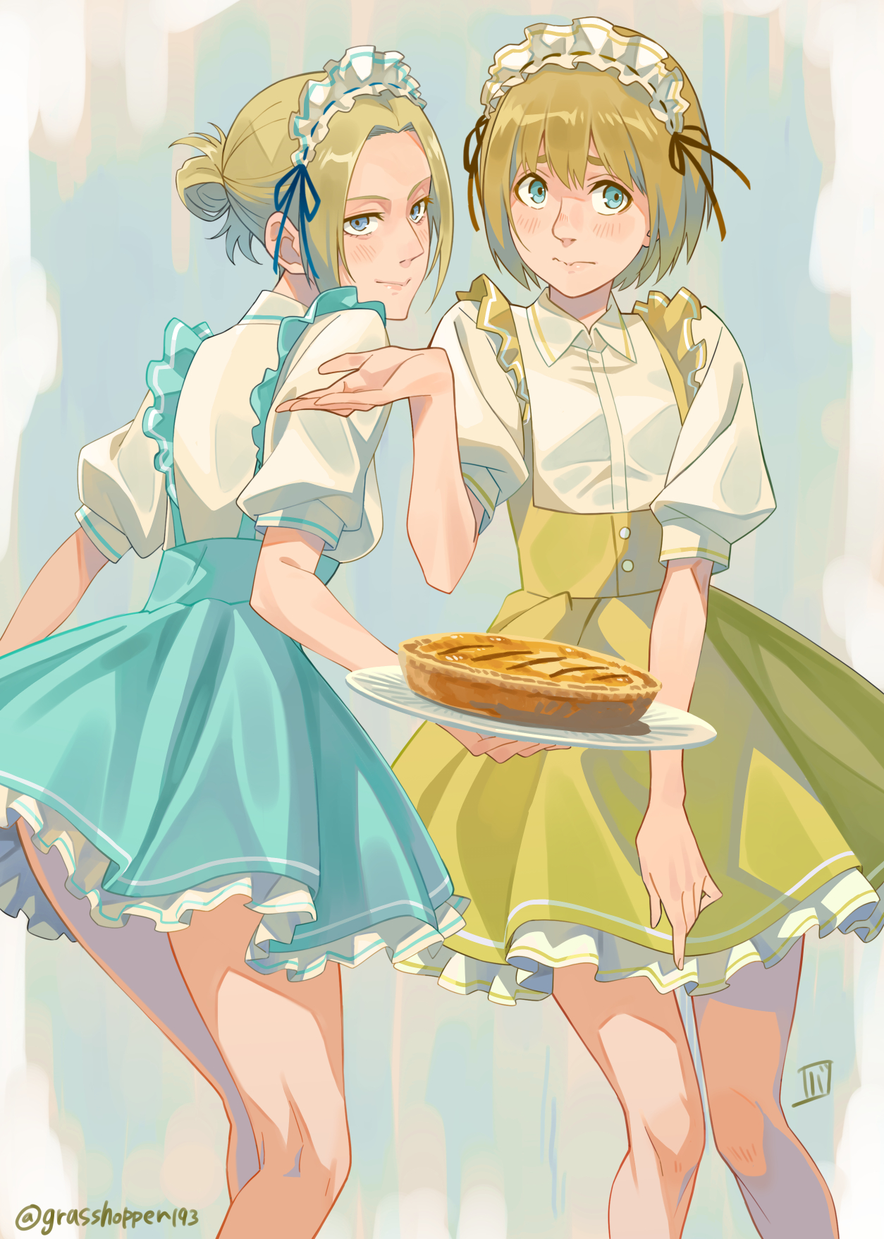 Safebooru - annie leonhart arm up armin arlert artist name blonde hair blue eyes blue skirt ...