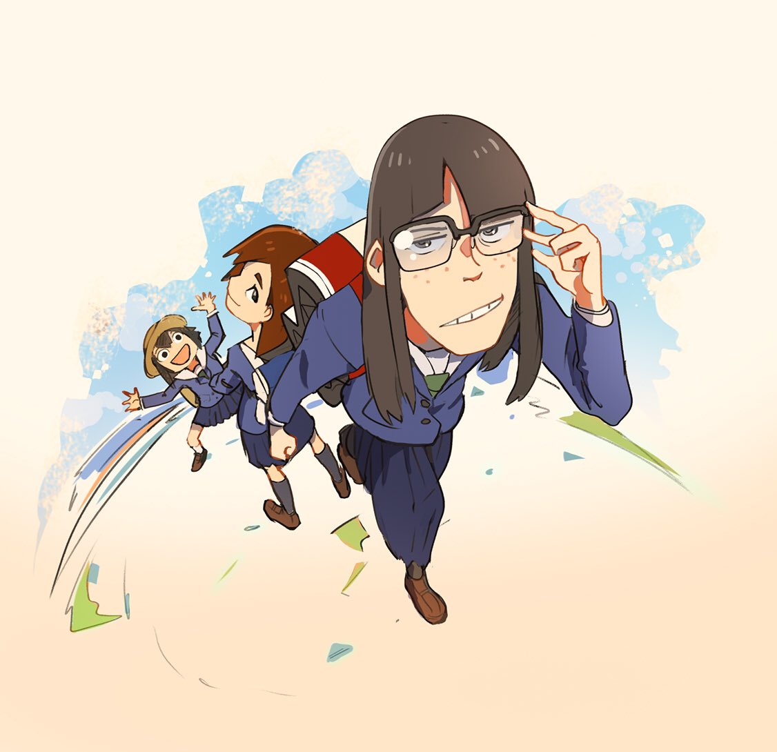 Safebooru - 3girls asakusa midori asymmetrical bangs backpack bag black hair blue skirt bob cut ...