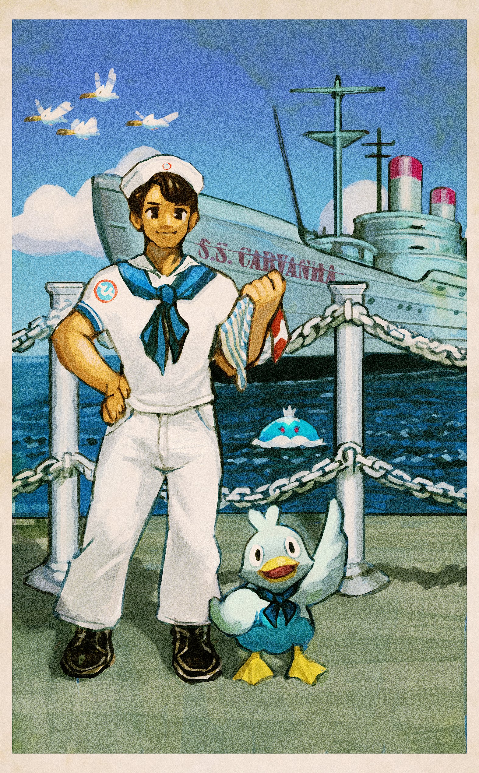 Safebooru - 1boy absurdres bird blue feathers blue neckerchief blue sky ...