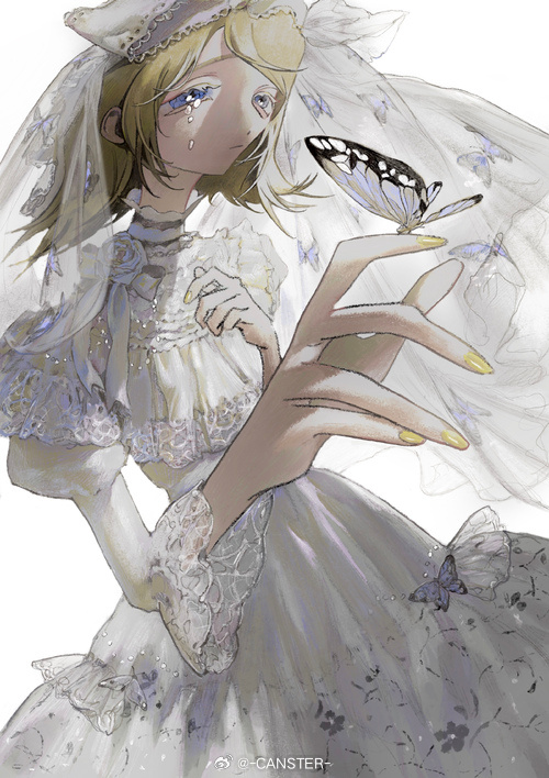 Safebooru - 1girl blonde hair blue butterfly blue eyes bow bridal veil bride bug butterfly ...