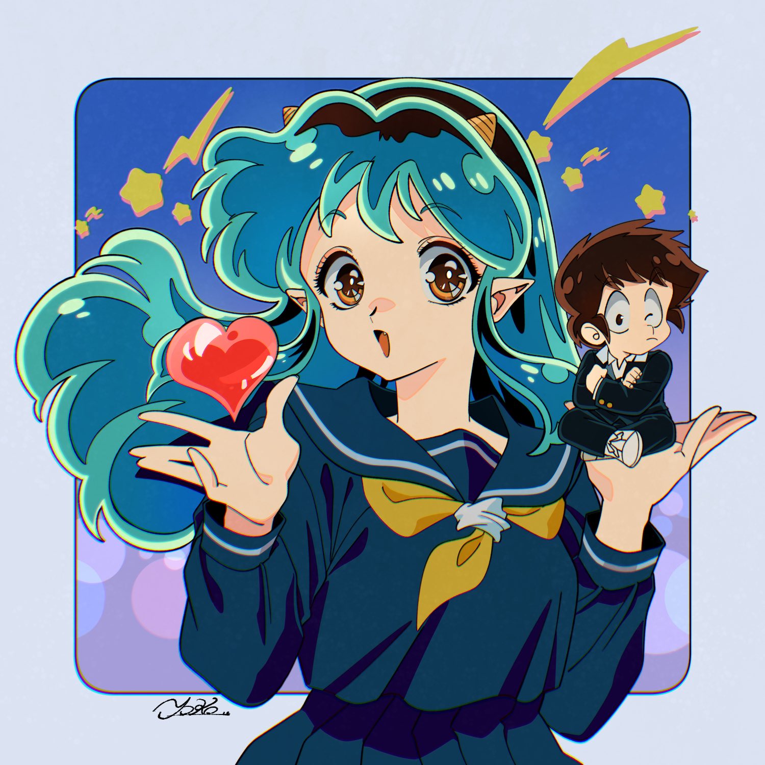 Safebooru - 1boy 1girl aqua hair black hair blue hair blue shirt blue ...