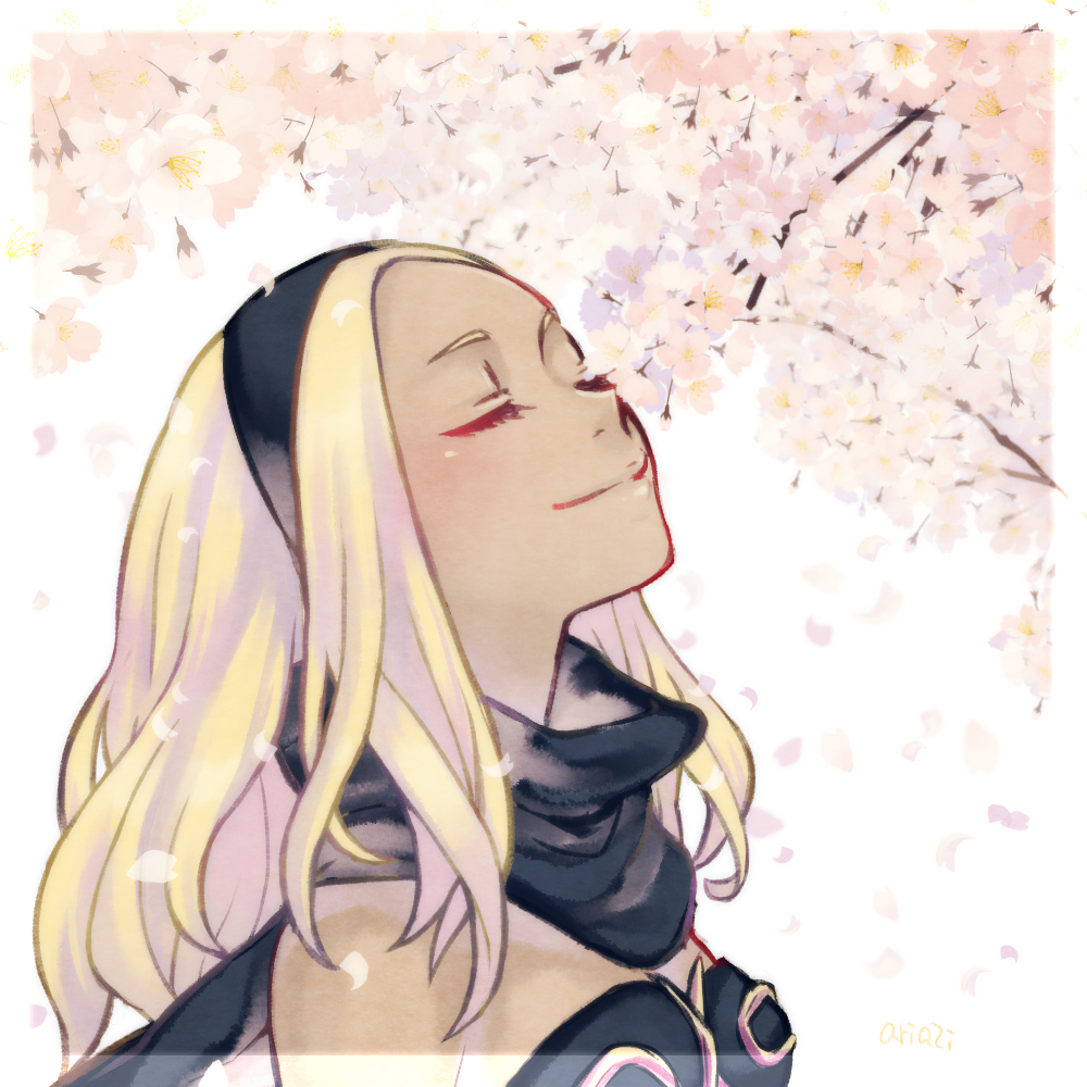 Safebooru - 1girl ariazi blonde hair cherry blossoms closed eyes dark-skinned female dark skin ...