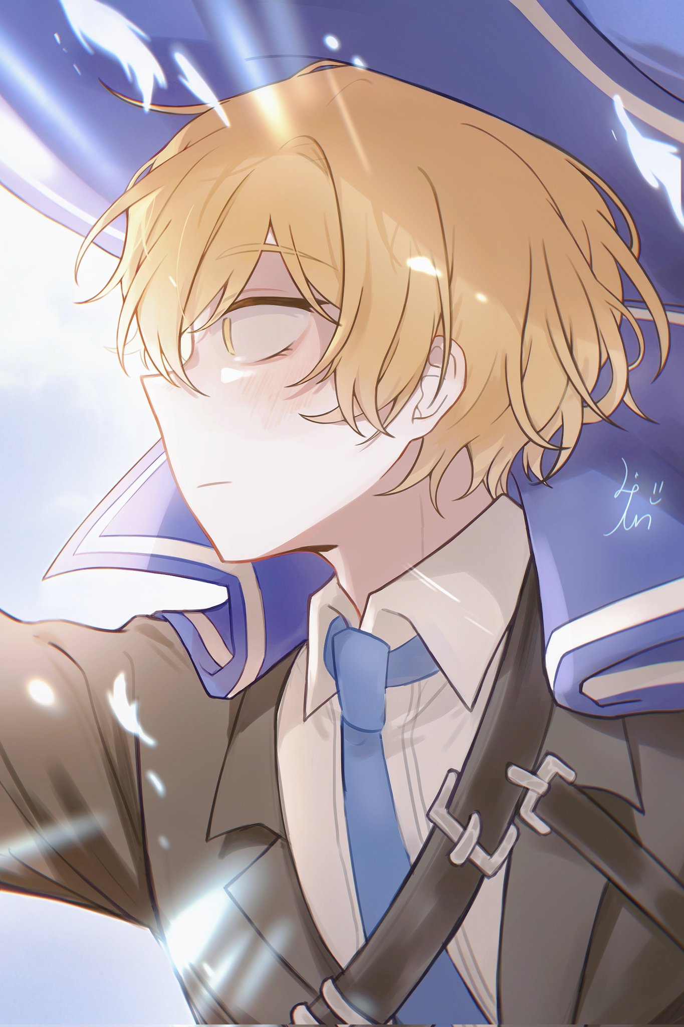 Safebooru - 1boy black jacket blonde hair blue hat blue necktie cavalier hat cinq association ...