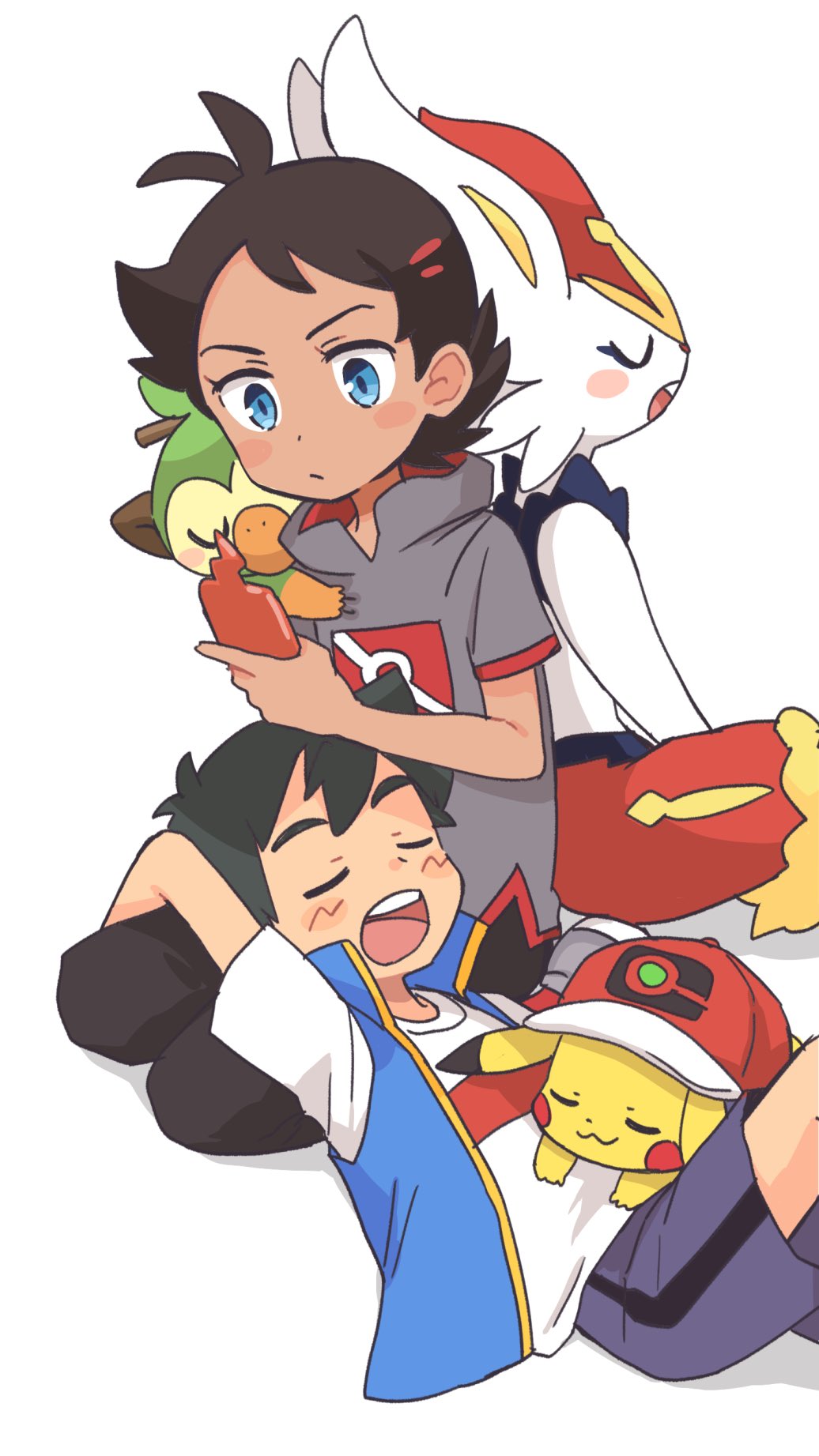 Safebooru - 2boys ash ketchum blue eyes blue vest blush stickers ...