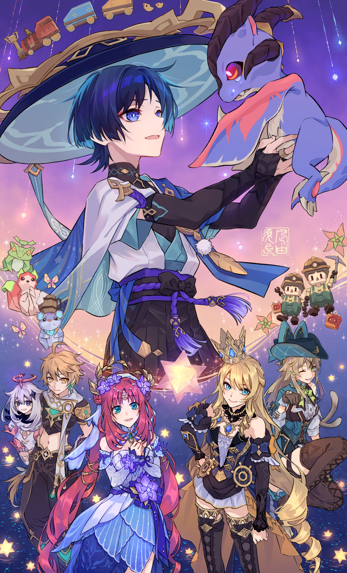 Safebooru - 2boys 4girls aether (genshin impact) ahoge animal animal ...