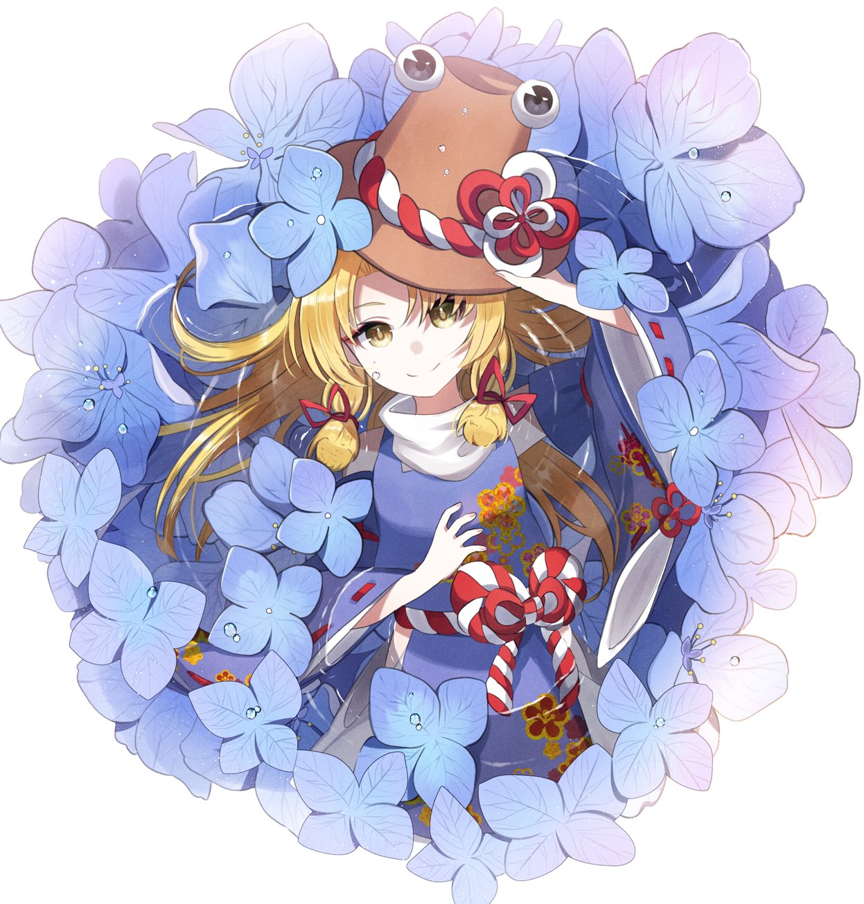 Safebooru - 1girl ametama (runarunaruta5656) blonde hair blue flower brown hat closed mouth ...